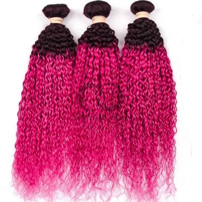 China T1B Rose Red Kinky Curly Remy Human Hair Bundles 10-28 Inch Brazilian Weave for sale