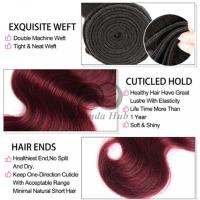 China T1B Burgundy Body Wave Remy Human Hair Bundles 10-28 Inch Brazilian Sew In Weave for sale