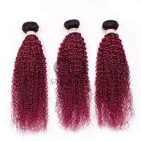 China T1B Burgundy Kinky Curly Remy Human Hair Bundles Brazilian Weave 10-28 Inch for sale