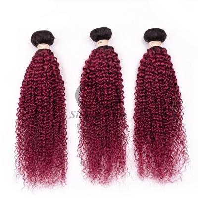 China T1B Burgundy Kinky Curly Remy Human Hair Bundles Brazilian Weave 10-28 Inch for sale
