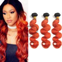 China T1B Orange Red Body Wave Remy Human Hair Bundles 10-28 Inch Brazilian Sew In Weave for sale