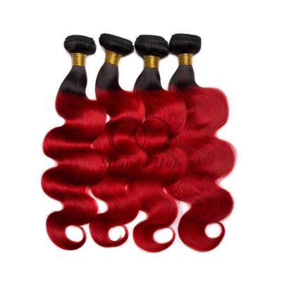 China T1B Red Body Wave Remy Human Hair Bundles 3 Bundles Per Set 10 to 28 Inch Brazilian Sew In Weave for sale