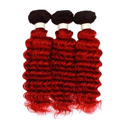 China T1B Red Deep Wave Remy Human Hair Bundles 10-28 Inch Brazilian Sew In Weave 3 Bundles for sale