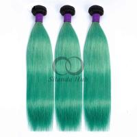 China Remy Human Hair Bundles Straight #T1B Green Brazilian Weave 10-28 Inch 3 Bundles Per Set for sale