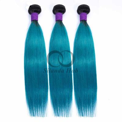 China T1B Blue Straight Remy Human Hair Bundles 3 Bundles Per Set 10-28 Inch Brazilian Weave for sale