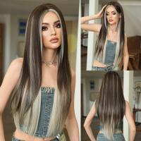 China 32 Inch Long Straight Synthetic Wig Brown Blonde Highlighted Heat Resistant Fiber for Women for sale