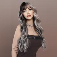 China 26 Inch Long Body Wave Synthetic Wig Silver Black High Temperature Fiber for Women for sale