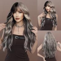 China 26 Inch Long Body Wave Synthetic Wig Silver Black High Temperature Fiber for Women for sale
