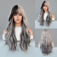 China 26 Inch Long Body Wave Synthetic Wig Silver Black High Temperature Fiber for Women for sale