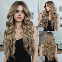 China Fashion Long Body Wave Synthetic Wig 26 Inch Brown Blonde Dark Root for Women for sale