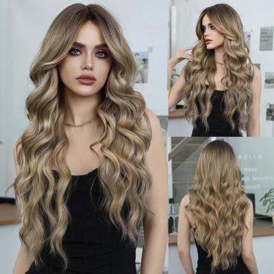 China Fashion Long Body Wave Synthetic Wig 26 Inch Brown Blonde Dark Root for Women for sale