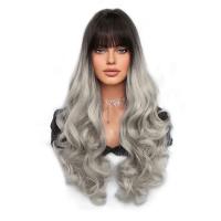 China 26 Inch Long Body Wave Synthetic Wig for Women Black Grey Dark Root High Temperature Fiber for sale