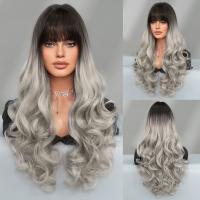 China 26 Inch Long Body Wave Synthetic Wig for Women Black Grey Dark Root High Temperature Fiber for sale