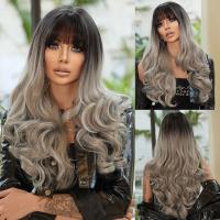 China 26 Inch Long Body Wave Synthetic Wig for Women Black Grey Dark Root High Temperature Fiber for sale