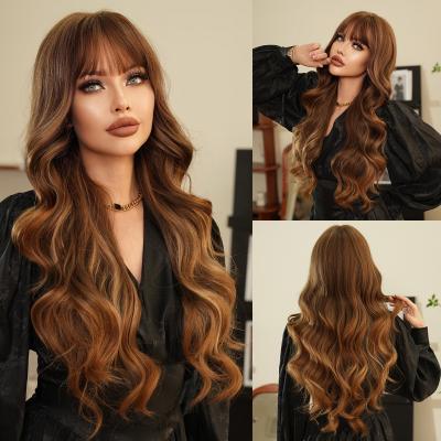 China 30 Inch Long Body Wave Synthetic Wig Brown Blonde Highlighted High Temperature Fiber Women for sale