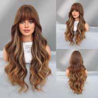 China 30 Inch Long Body Wave Synthetic Wig Brown Blonde Highlighted High Temperature Fiber Women for sale