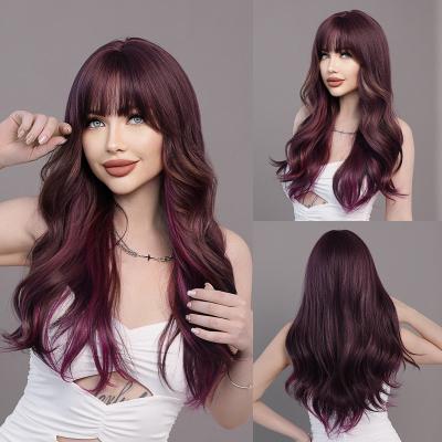 China 24 Inch Dark Wine Body Wave Synthetic Wig for Women Long Hair High Temperature Fiber for sale