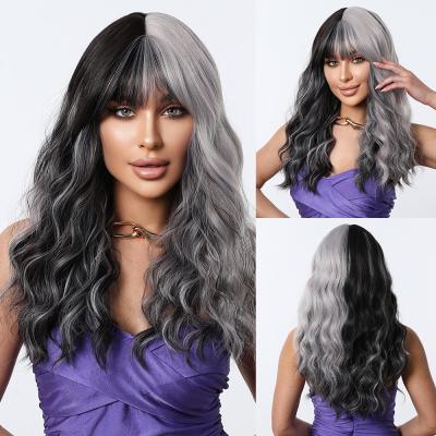 China 26 Inch Long Body Wave Synthetic Wig Grey Black High Temperature Fiber Machine Made for sale