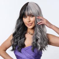 China 26 Inch Long Body Wave Synthetic Wig Grey Black High Temperature Fiber Machine Made for sale