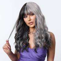 China 26 Inch Long Body Wave Synthetic Wig Grey Black High Temperature Fiber Machine Made for sale