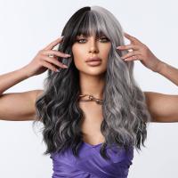 China 26 Inch Long Body Wave Synthetic Wig Grey Black High Temperature Fiber Machine Made for sale