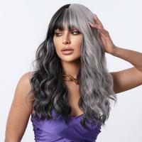 China 26 Inch Long Body Wave Synthetic Wig Grey Black High Temperature Fiber Machine Made for sale