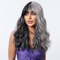 China 26 Inch Long Body Wave Synthetic Wig Grey Black High Temperature Fiber Machine Made for sale