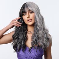 China 26 Inch Long Body Wave Synthetic Wig Grey Black High Temperature Fiber Machine Made for sale