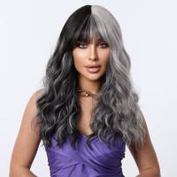 China 26 Inch Long Body Wave Synthetic Wig Grey Black High Temperature Fiber Machine Made for sale