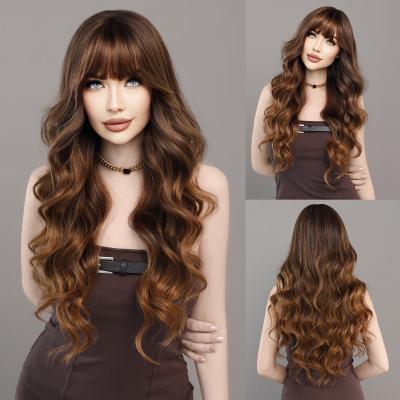 China Fashion Long Body Wave Brown Synthetic Wig for Women 26 Inch High Temperature Fiber for sale