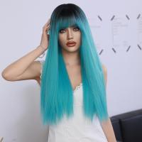 China Fashion Long Straight Dark Root Blue Synthetic Wig 26 Inch High Temperature Fiber for sale