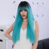 China Fashion Long Straight Dark Root Blue Synthetic Wig 26 Inch High Temperature Fiber for sale