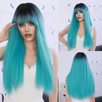 China Fashion Long Straight Dark Root Blue Synthetic Wig 26 Inch High Temperature Fiber for sale