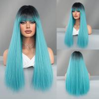 China Fashion Long Straight Dark Root Blue Synthetic Wig 26 Inch High Temperature Fiber for sale