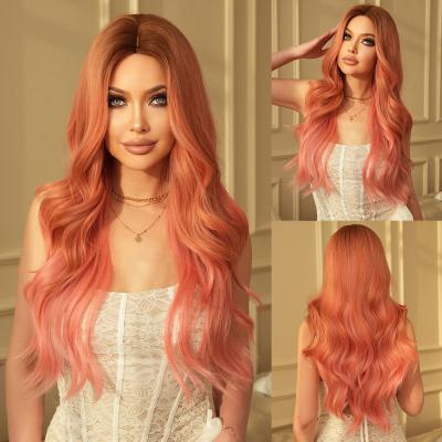 China 28 Inch Long Body Wave Dark Root Pink Synthetic Wig for Women High Temperature Fiber for sale