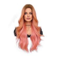China 28 Inch Long Body Wave Dark Root Pink Synthetic Wig for Women High Temperature Fiber for sale