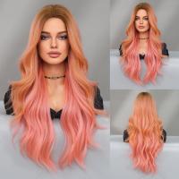 China 28 Inch Long Body Wave Dark Root Pink Synthetic Wig for Women High Temperature Fiber for sale