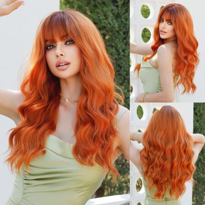 China 26 Inch Long Body Wave Dark Root Orange Synthetic Wig High Temperature Fiber Machine Made for sale