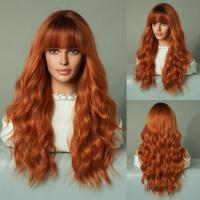 China 26 Inch Long Body Wave Dark Root Orange Synthetic Wig High Temperature Fiber Machine Made for sale