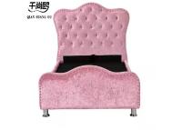 China Pink Broken Velvet Fabric Upholstered Soft Floor Princess Bed Diamond Button for sale
