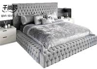 China High Headboard Platform Tufted Bed / Velvet King Size Bed Frame for sale