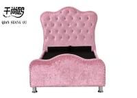 China Single Size Pink Crushed Velvet Fabric Upholstered Princess Bed With Diamond Buttons for sale