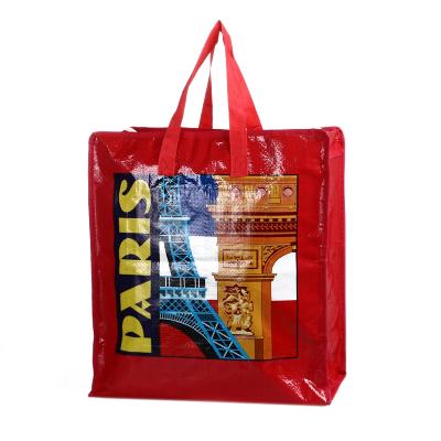 China Customized Logo Tote Bag Waterproof Laminated Woven Shopping Bag With Zipper Closure for sale
