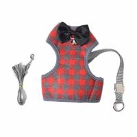 China Bowtie Cat Dog Harness Vest British Style Plaid Hareness Breathable Mesh Padded for sale