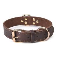 China Alloy Hardware Genuine Leather Dog Collars Double D Ring For Medium Large Dogs for sale
