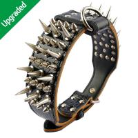 China Durable Handmade Dog Leather Leashes , Genuine Leather Collar Sharp Spiked Studded for sale
