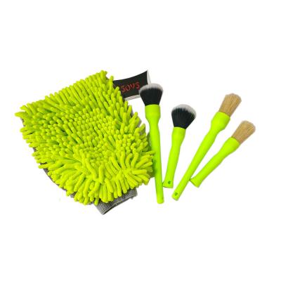 China Green Chenille Car Wash Mitt 25cm Automotive Cleaning Brush Set PP Nylon for sale