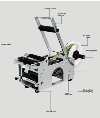 China Desktop Semi-Auto Round Bottle Labeling Machine Small Manual Adhesive Labeler for Glass Plastic Bottles for sale