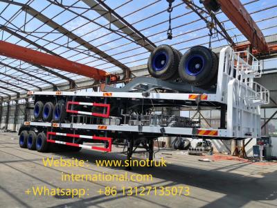 China Premium 3-Axle Foldable White Flatbed Semi Trailer with FUWA Axle, 12R22.5 Tires for 40ft Container Transportation for sale