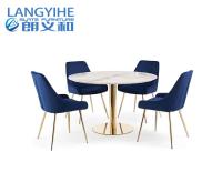 China Iso 9001 120cm Round Marble Effect Dining Table With Fern Velvet Chairs Blue for sale